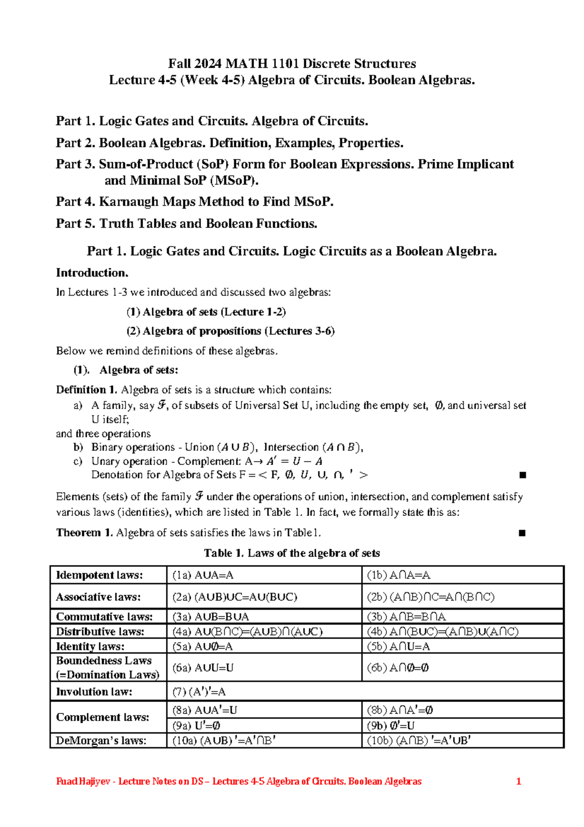 Fall 2024 MATH 1101 Lecture Notes on Algebra of Circuits & Boolean ...