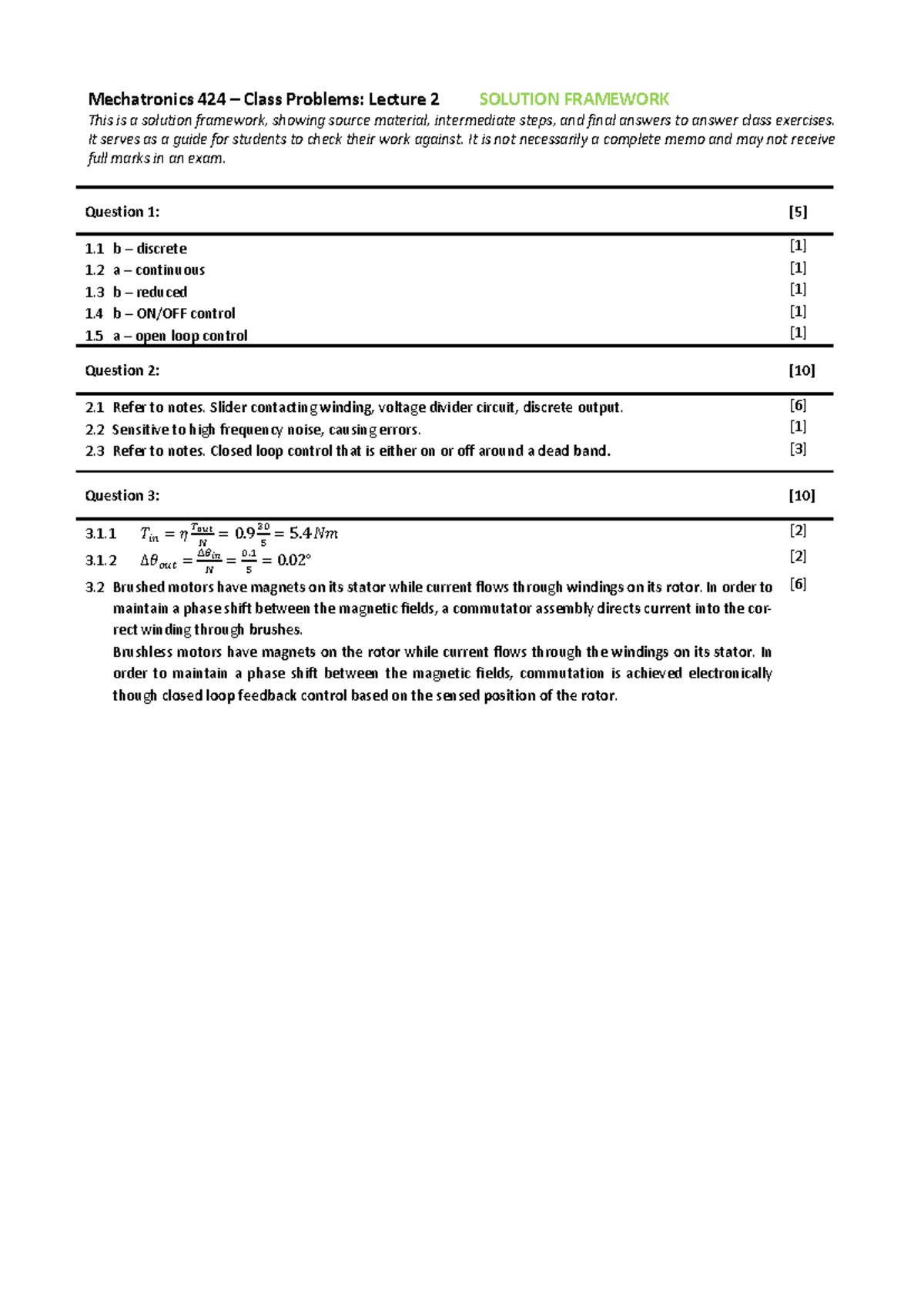 M424 Class Problems - Lecture 2 Solution Framework - Mechatronics 424 ...