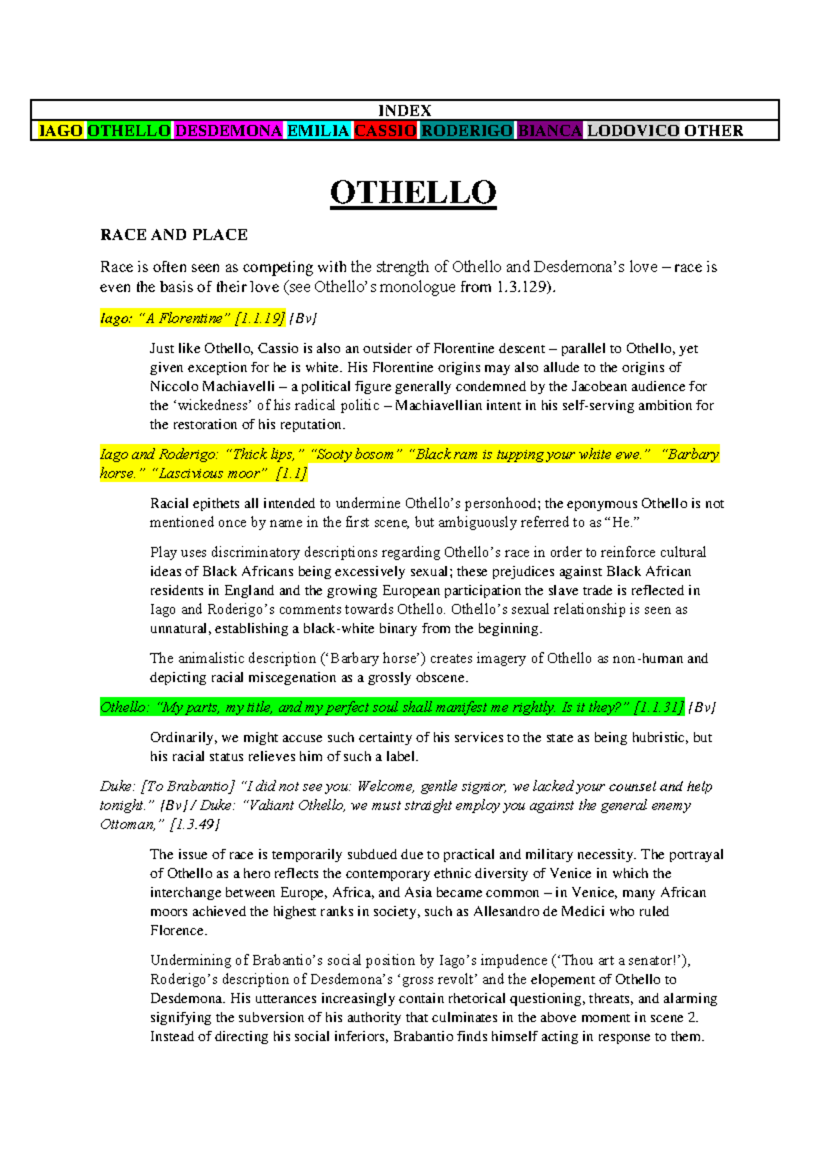 Othello Theme & Character Analysis Notes (ENG 201) - Studocu