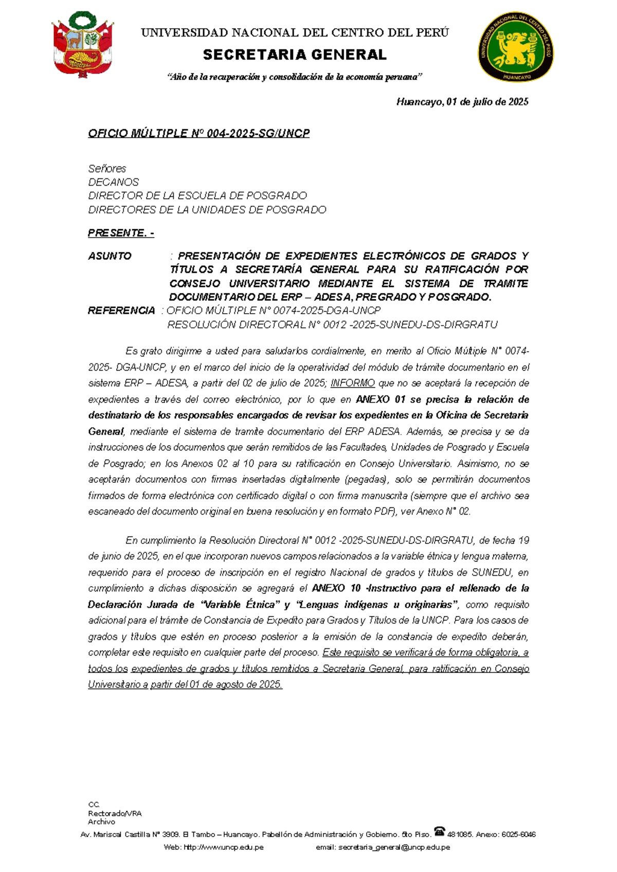 Oficio Múltiple N° 004-2025-SG-UNCP: Requisitos para Grados y Títulos ...