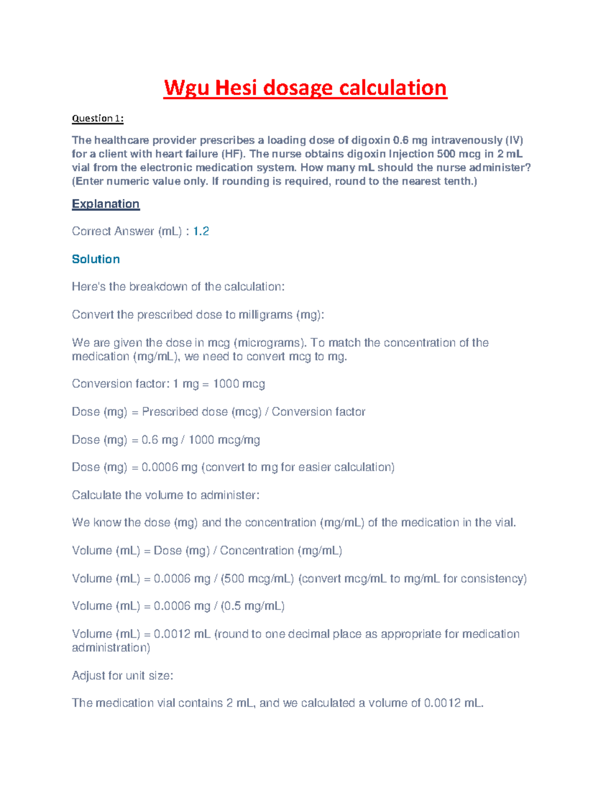 WGU HESI Dosage Calculation Study Guide - Studocu