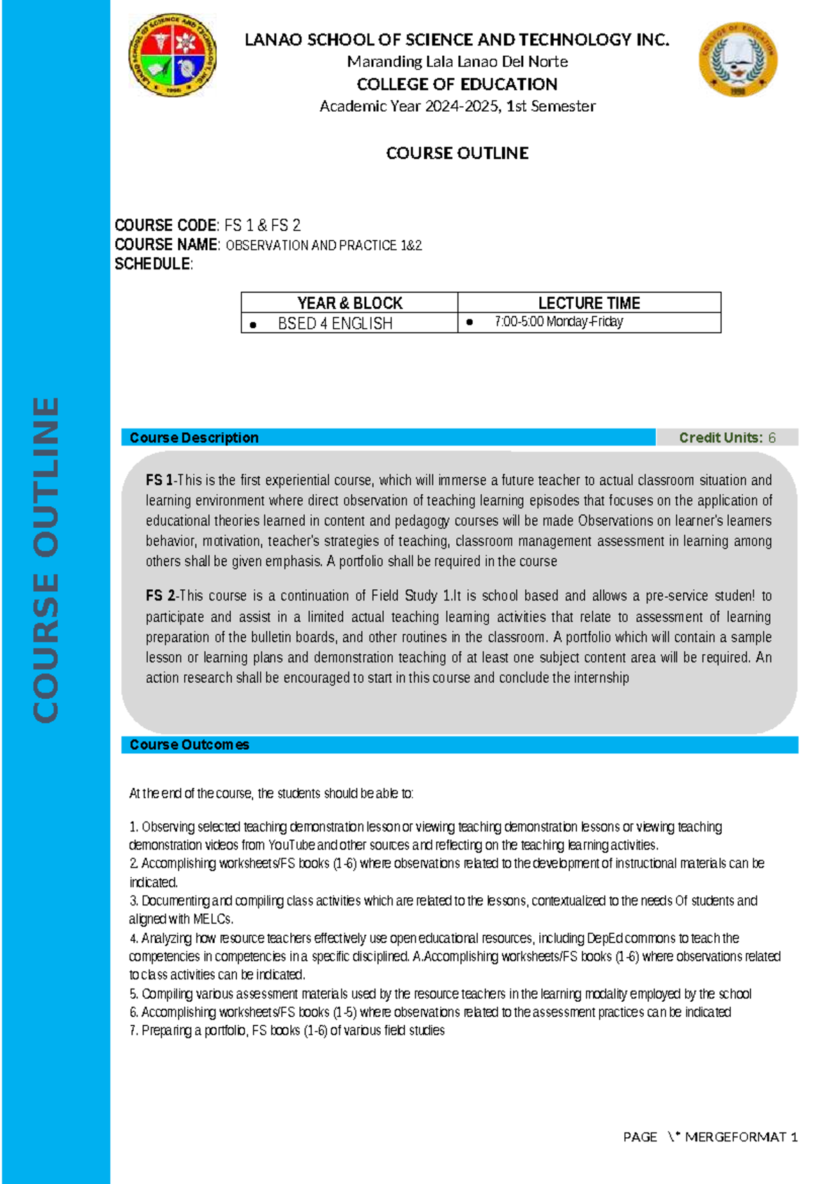 FS 1 Course Outline: Observation & Practice in Teaching - Studocu