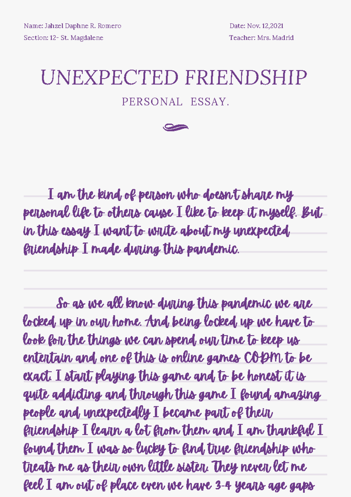 Personal Essay: Unexpected Friendship During the Pandemic - Studocu