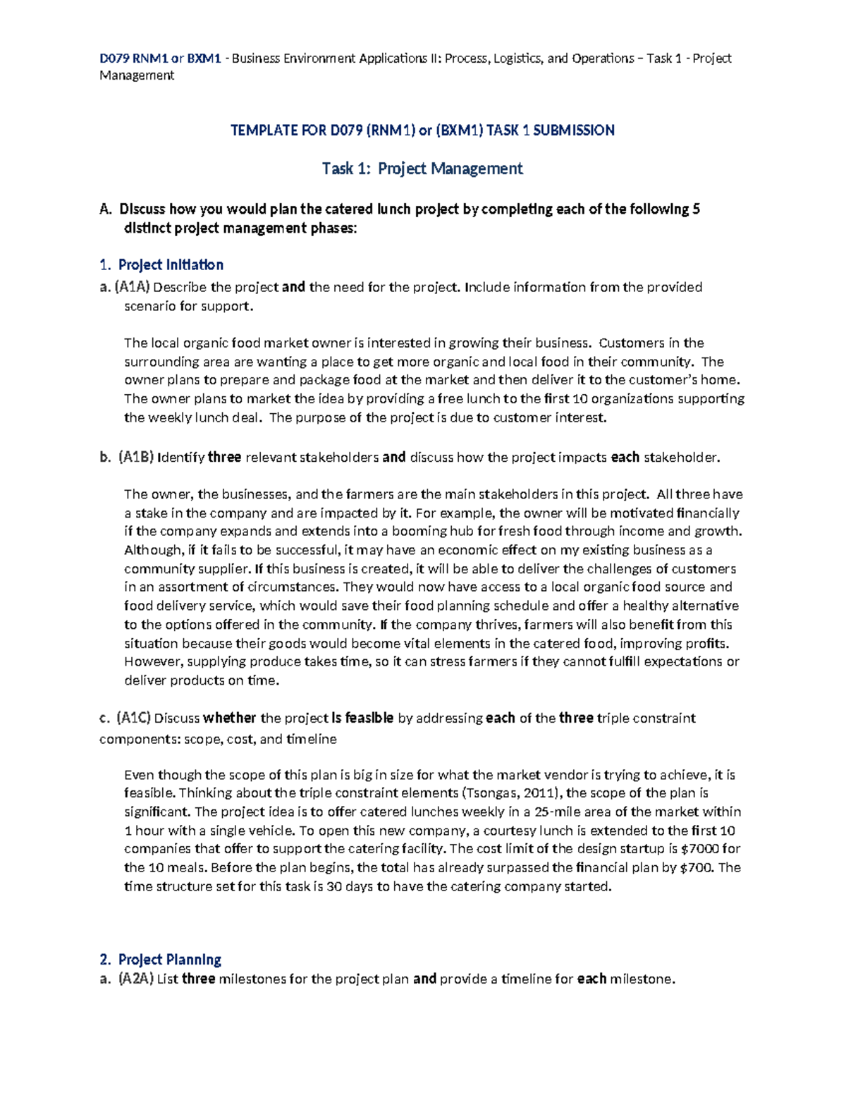 D079 RNM1/BXM1 Business Environment: Project Management Task 1 Guide ...