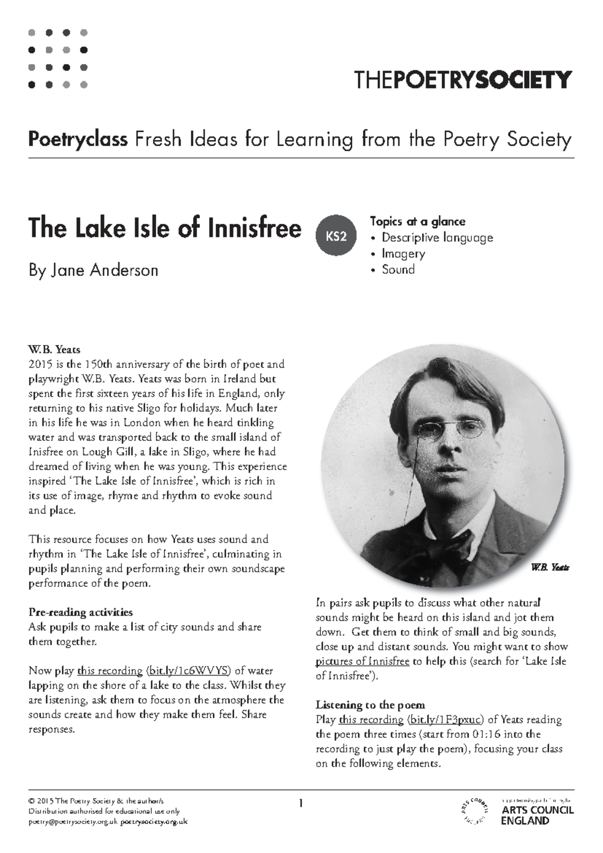 KS2 Poetry Lesson: Exploring W.B. Yeats' "The Lake Isle of Innisfree ...