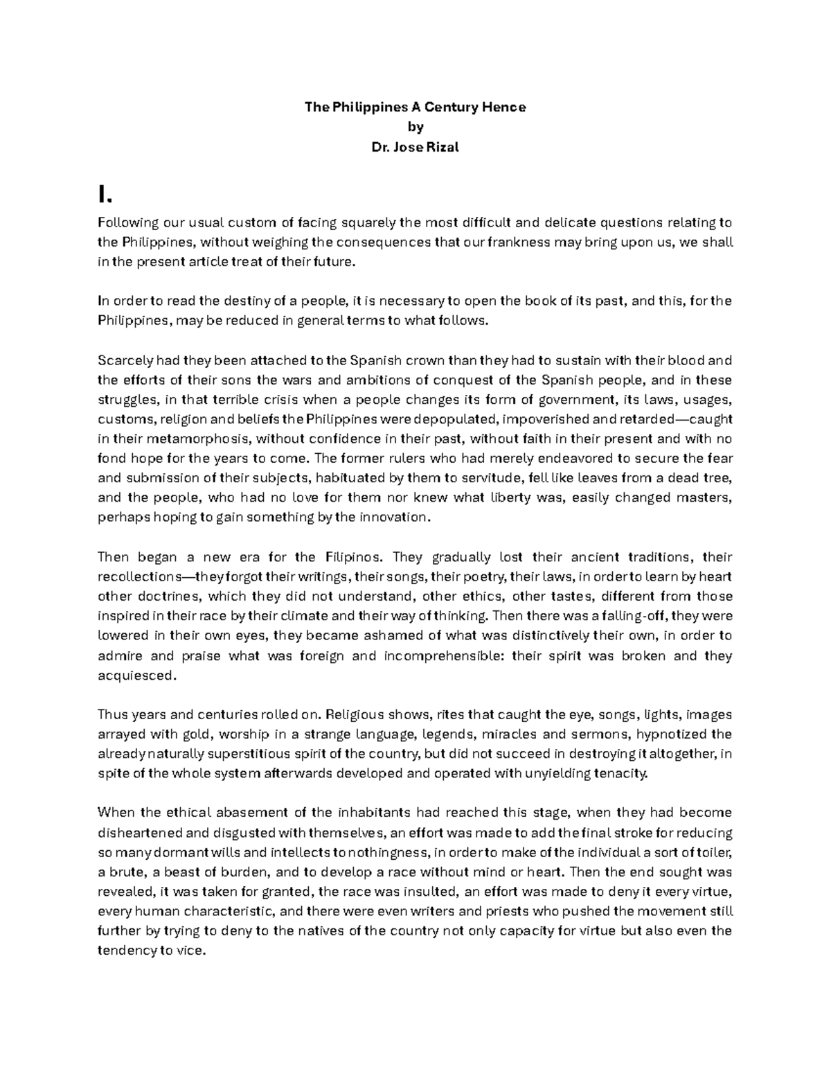 Rizal's Essays on the Future of the Philippines: A Century Hence - Studocu