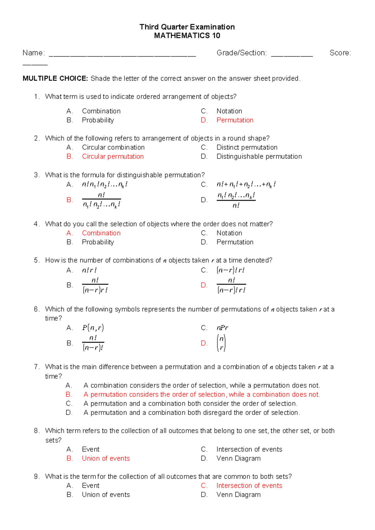 3Q examination - THIS IS A SUMMATIVE EXAM FOR GRADE 10 MATH - Third ...