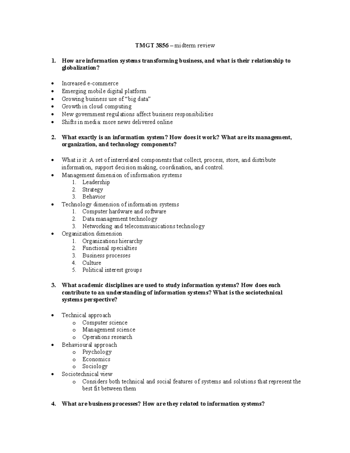TMGT 3856 – Comprehensive Midterm Review on Information Systems - Studocu