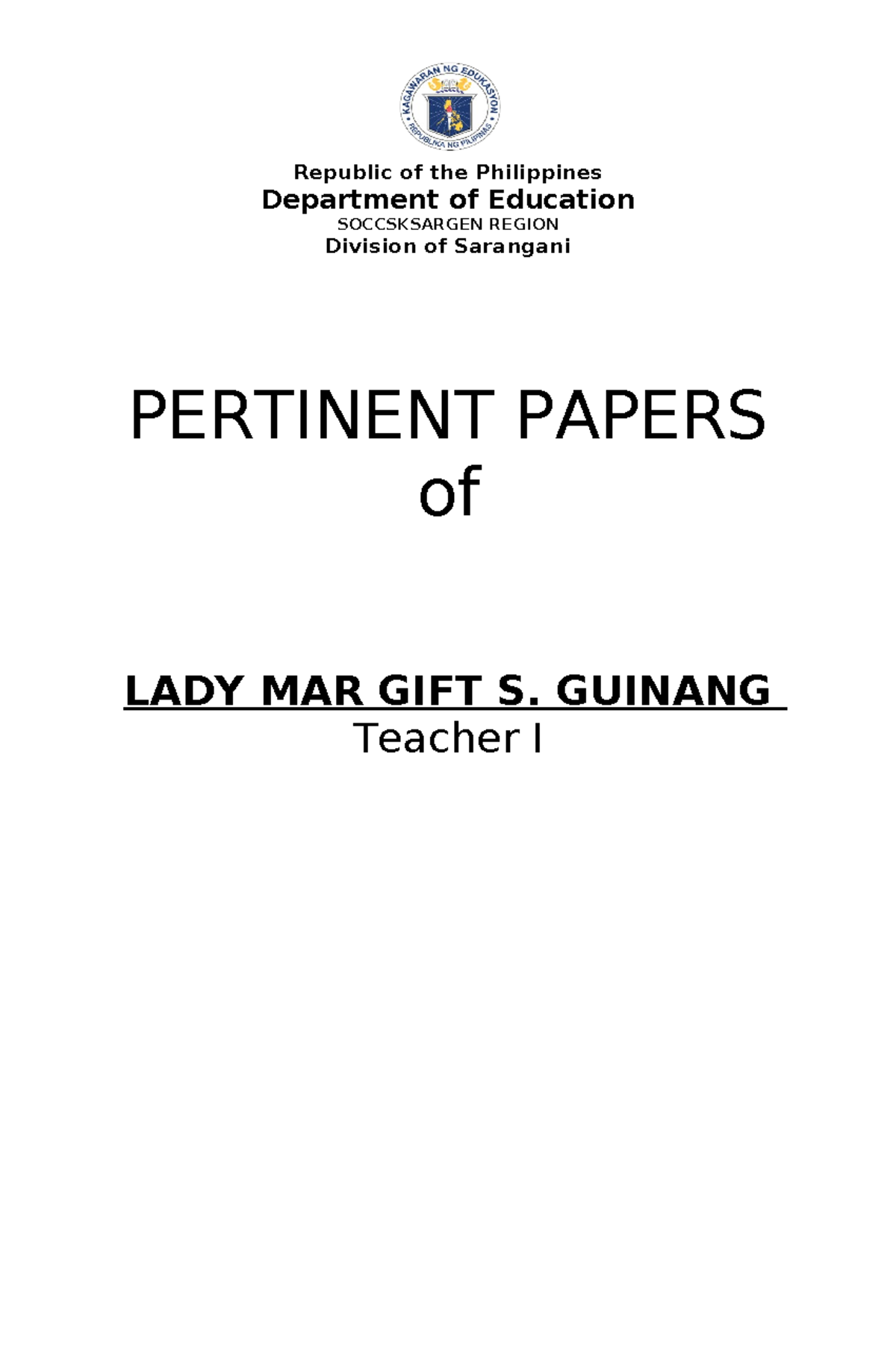 Cover page - BSEd English - Republic of the Philippines Department of ...