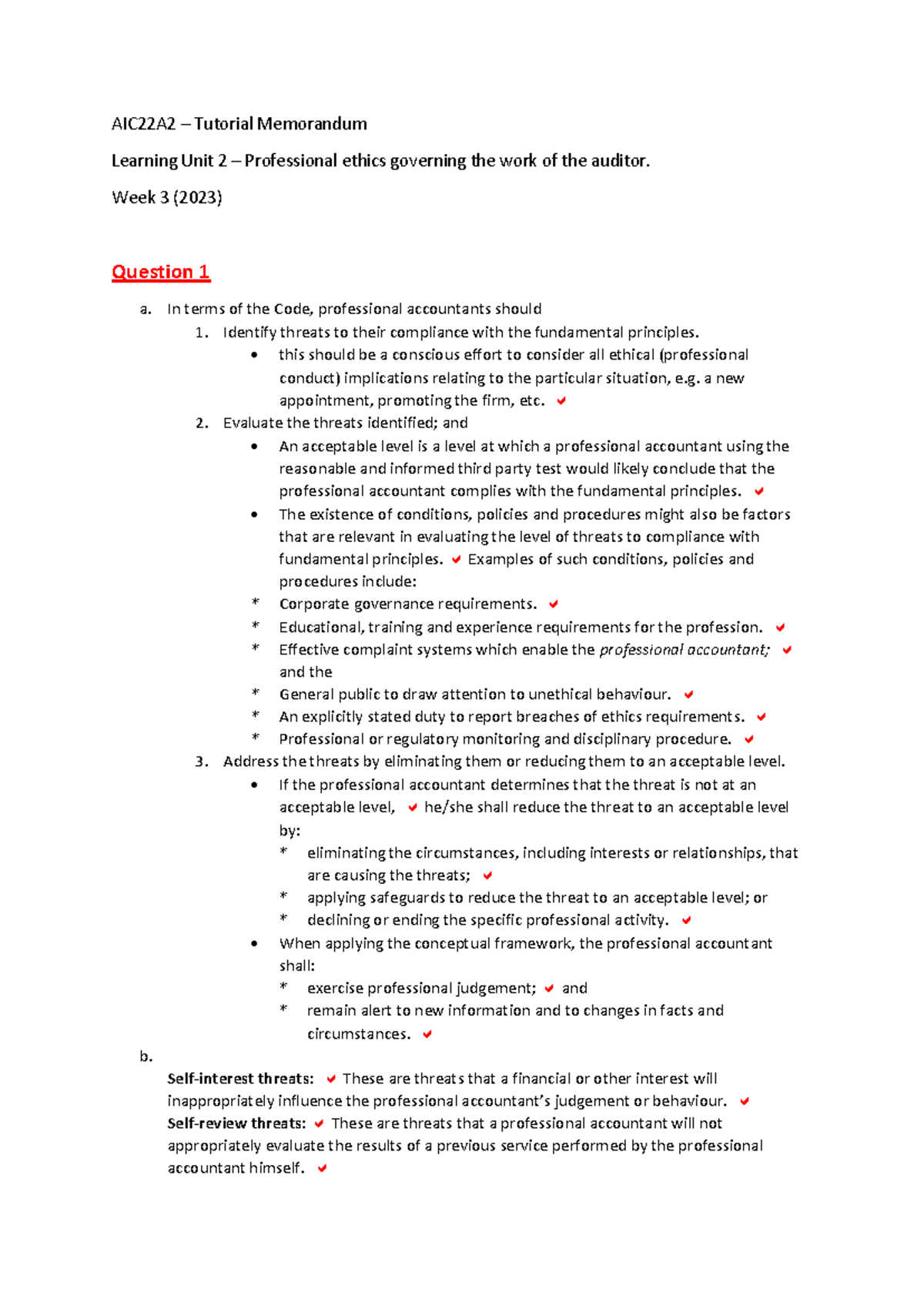 AIC22A2 - Tutorial Memo on Professional Ethics for Auditors - Studocu