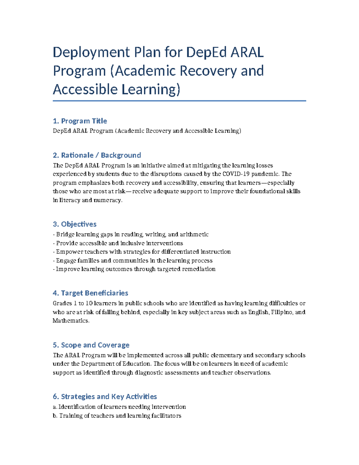Detailed Deployment Plan for DepEd ARAL Program (Academic Recovery ...
