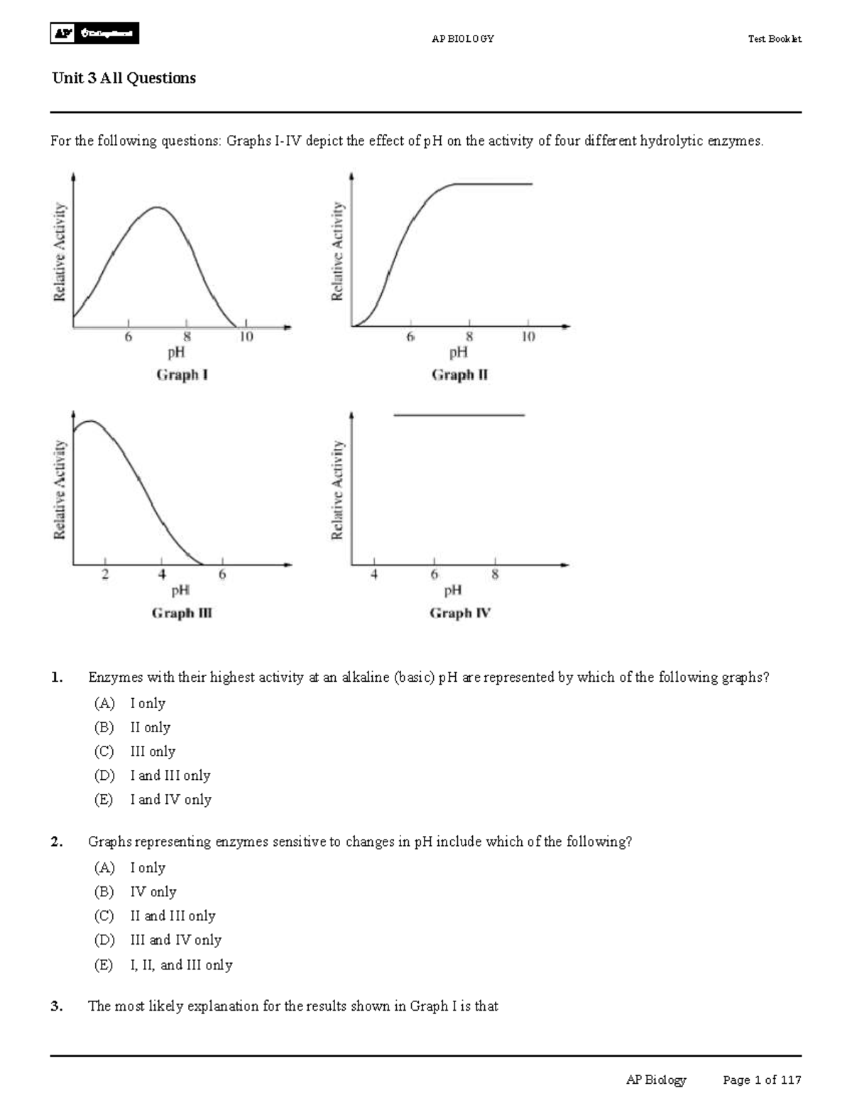 AP BIOLOGY Unit 3 Test Booklet: All Questions and Answers - Studocu