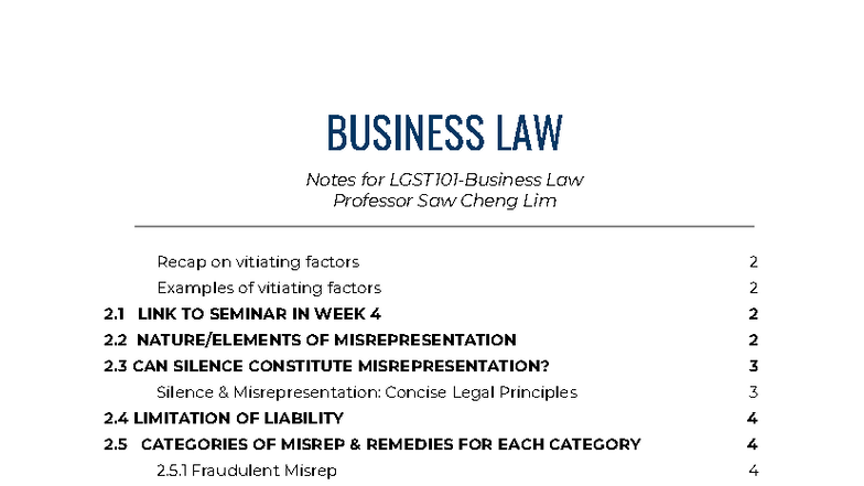 LGST101 Business Law Notes: Vitiating Factors & Misrepresentation Recap ...