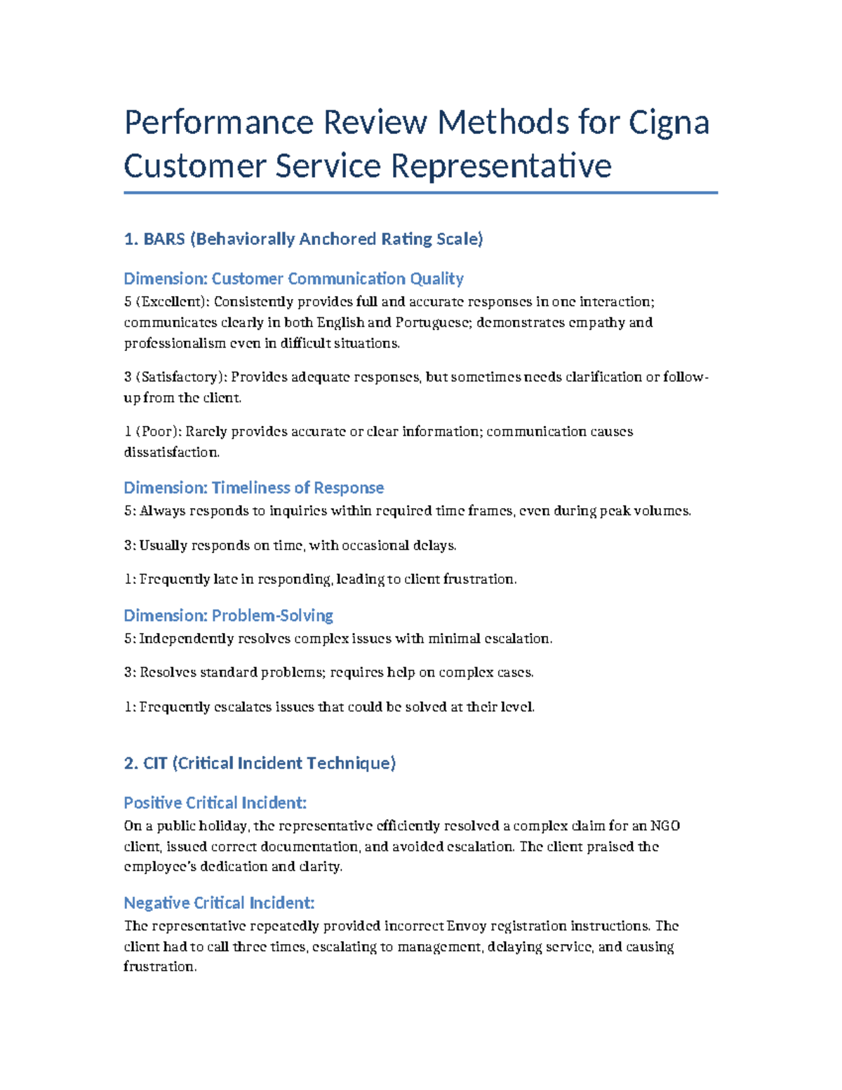 Cigna Customer Service Rep Performance Review Methods & Insights - Studocu