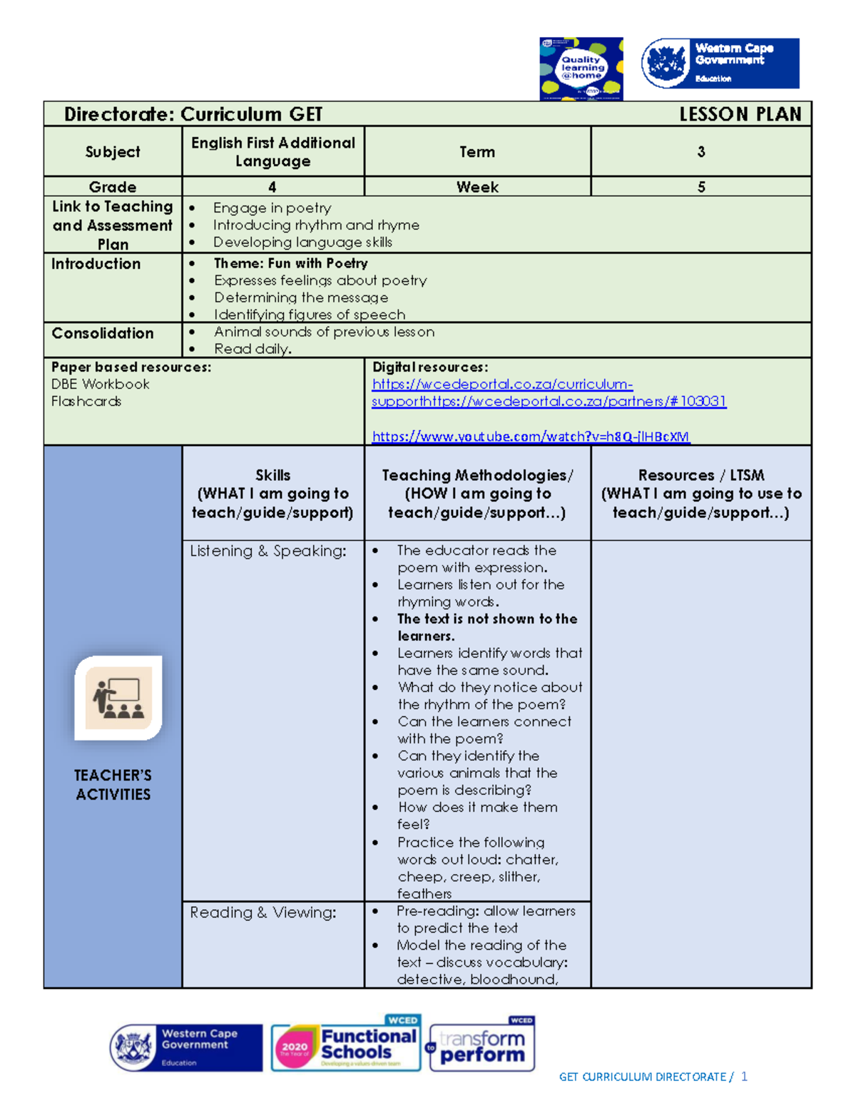 Eng FAL Gr 4: Term 3 Lesson Plan on Poetry and Language Skills - Studocu