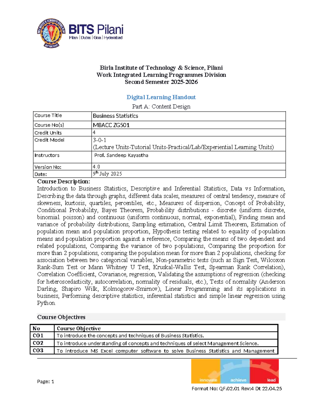 Business Statistics Course Handout (S2-25 MBACC ZG501) - Studocu