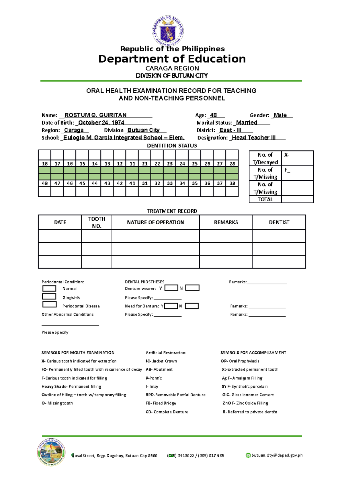 Oral Health Exam Record Template for Teaching Personnel - Studocu