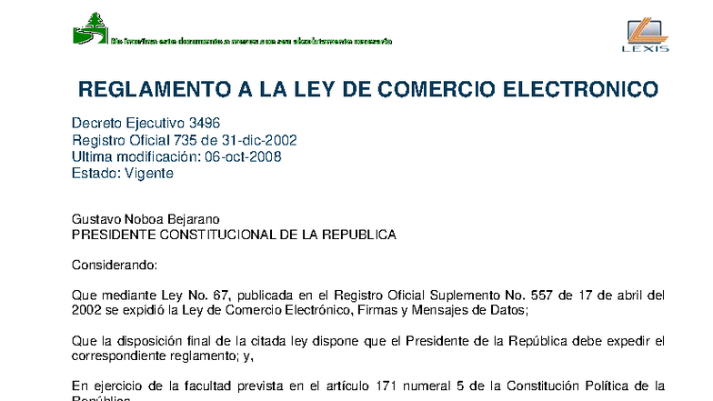 Reglamento General a la Ley de Comercio Electrónico - Decreto 3496 - Studocu