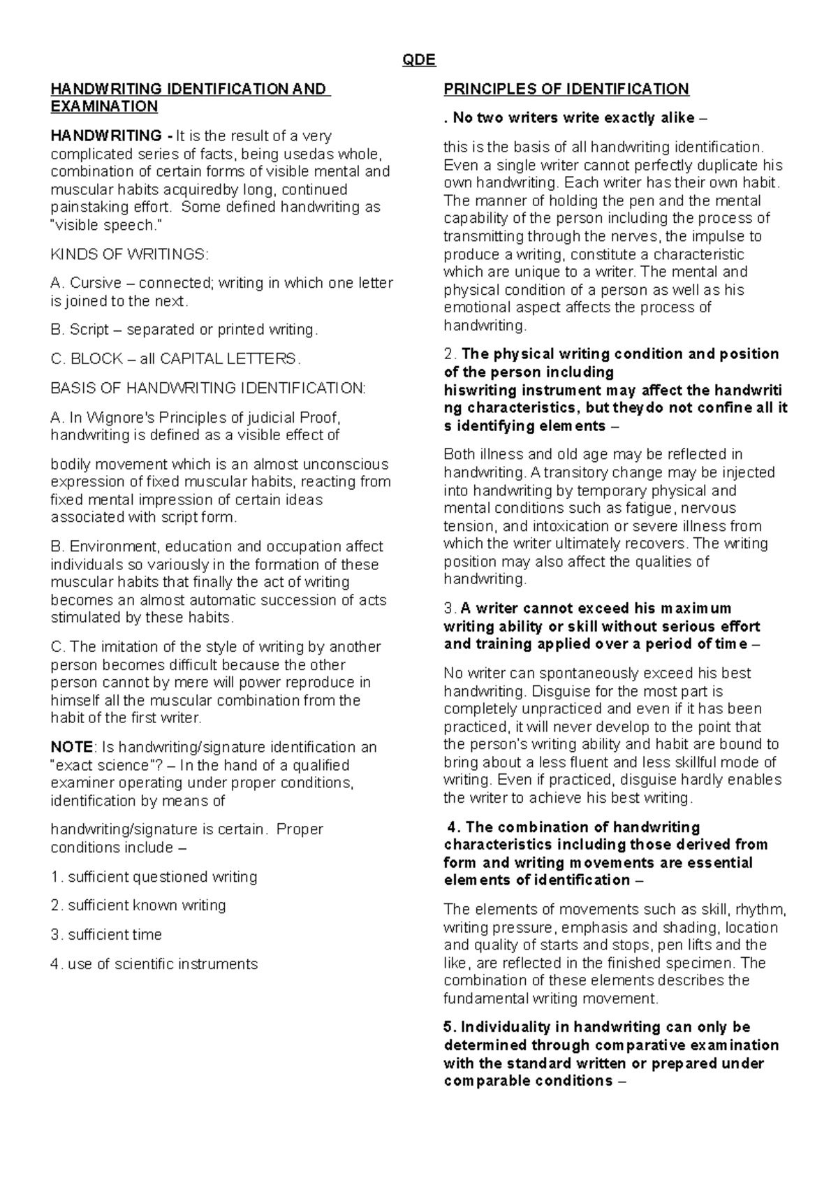 QDE - Handwriting Identification and Examination Notes - Studocu