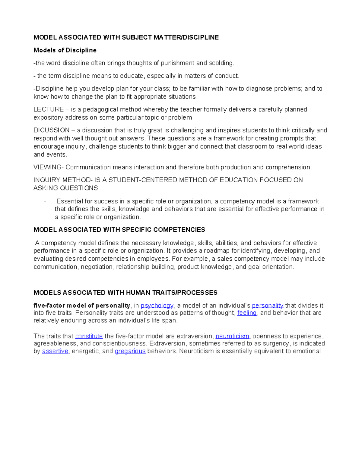 EDU 101 - Lesson on Discipline Models and Competency Frameworks - Studocu