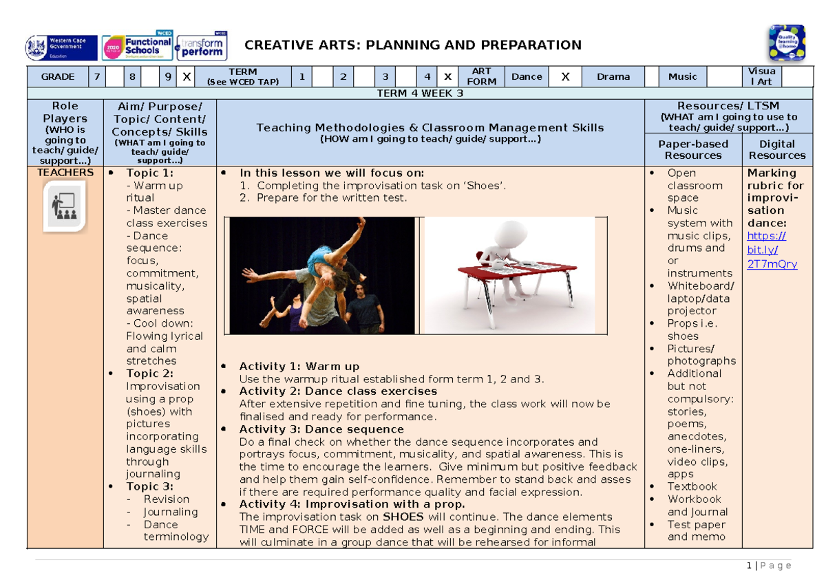Lesson Plan Gr. 9 Creative Arts Dance T4 W3: Activities & Assessment ...