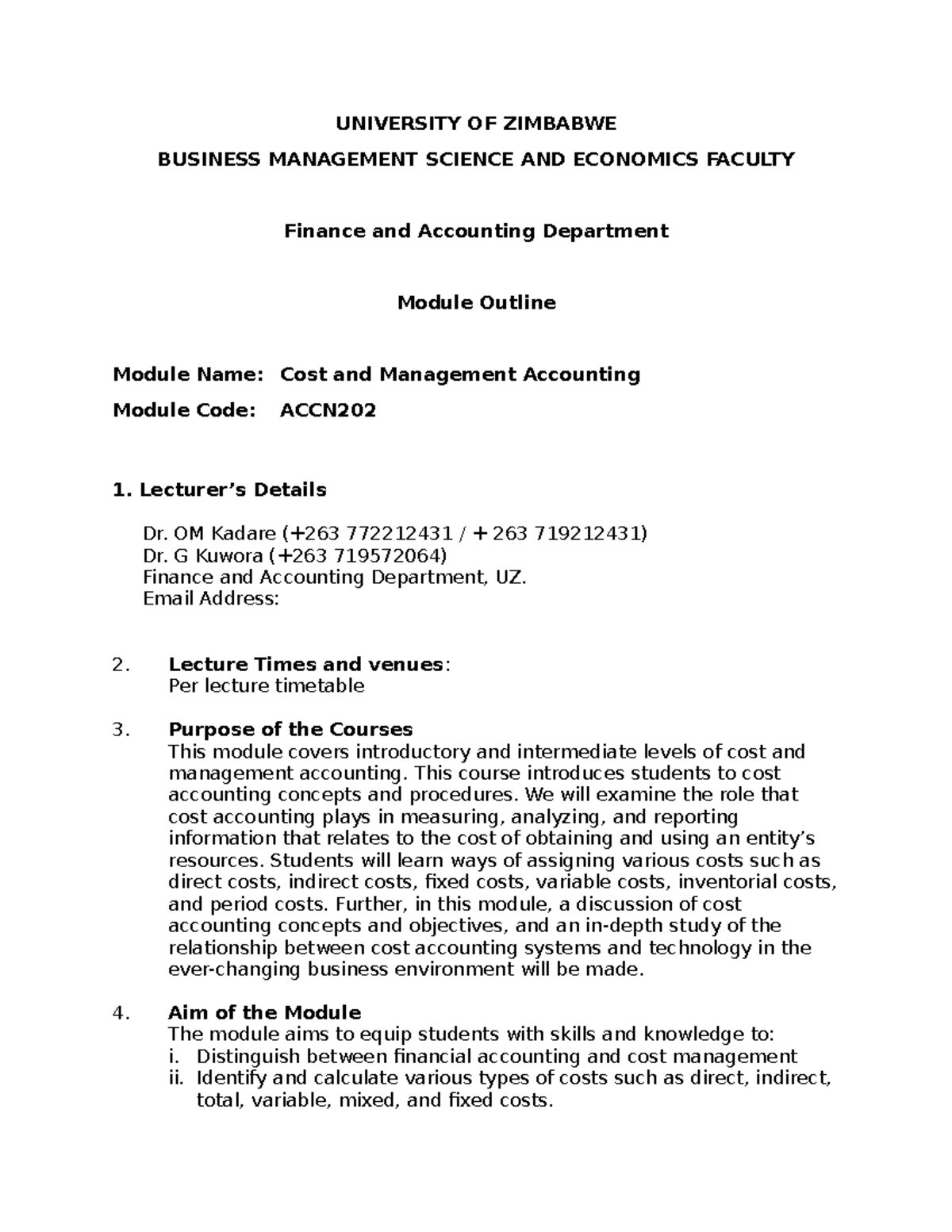 Cost and Management Accounting Module Outline - ACCN202 Details - Studocu