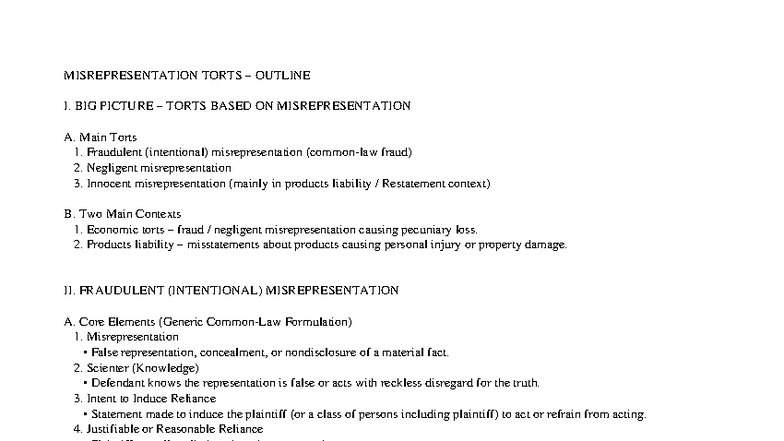 MIS 101: Misrepresentation Torts Outline and Key Concepts - Studocu
