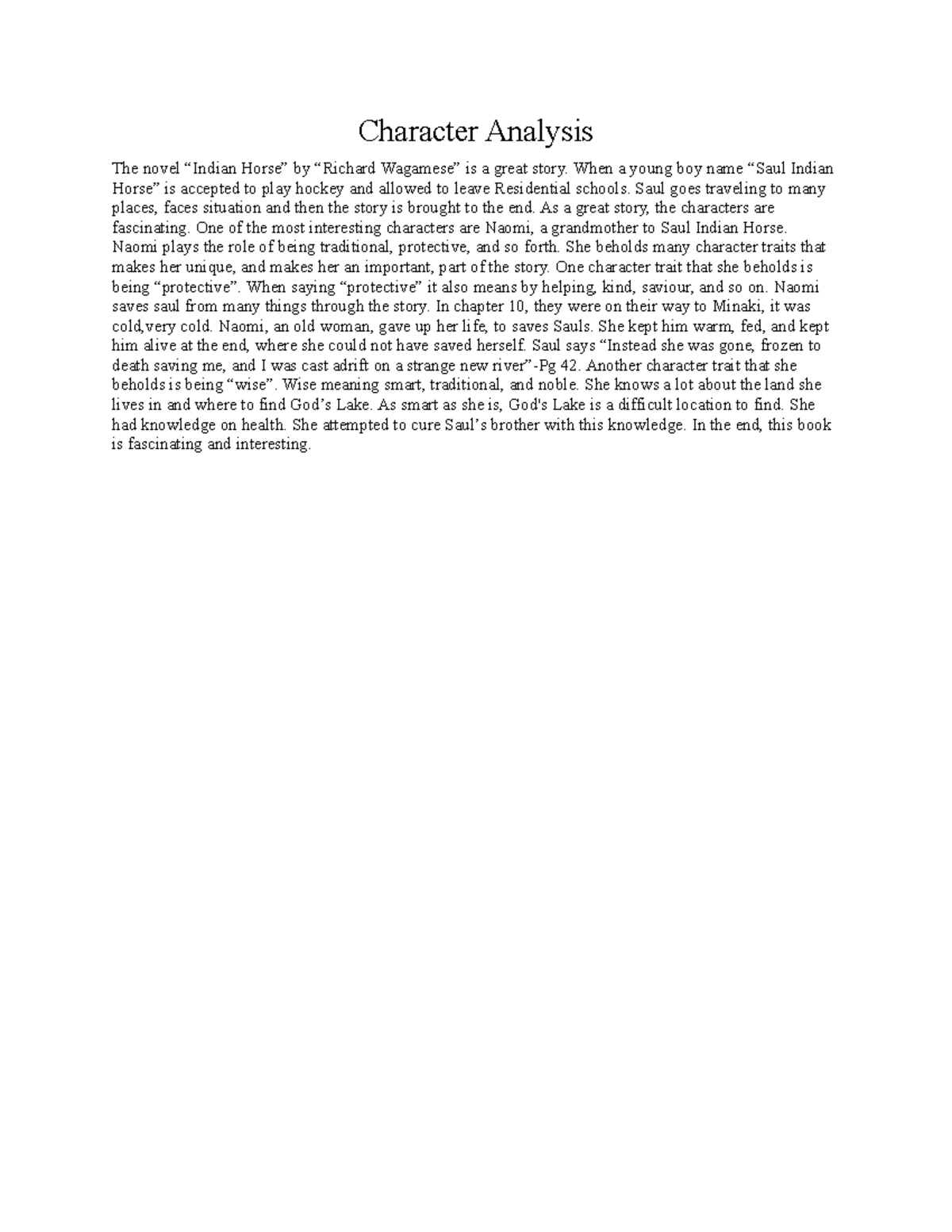 Character Analysis of Naomi in Indian Horse (ENG 101) - Studocu