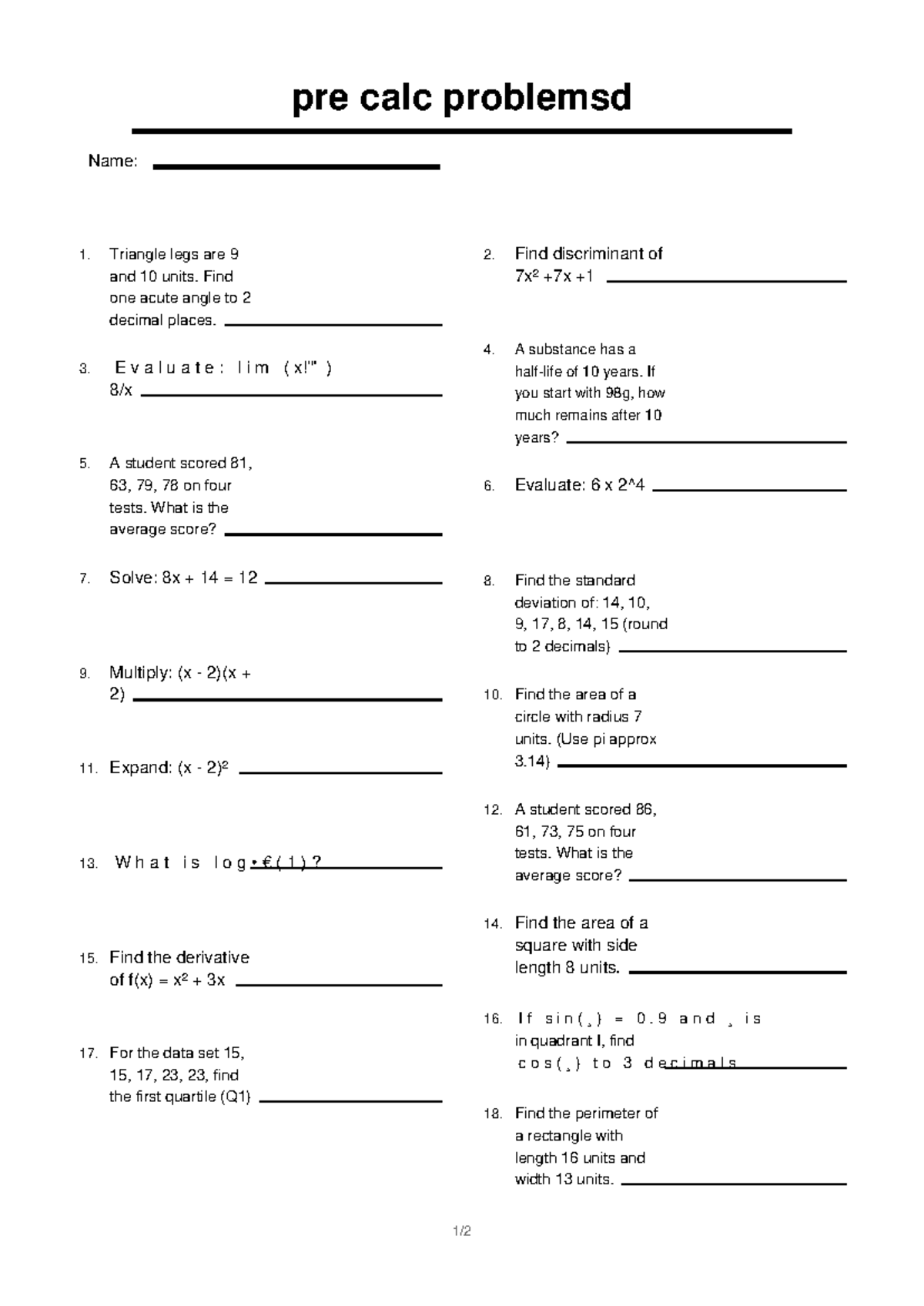 Pre Calc Problems: Practice Questions and Solutions - Studocu