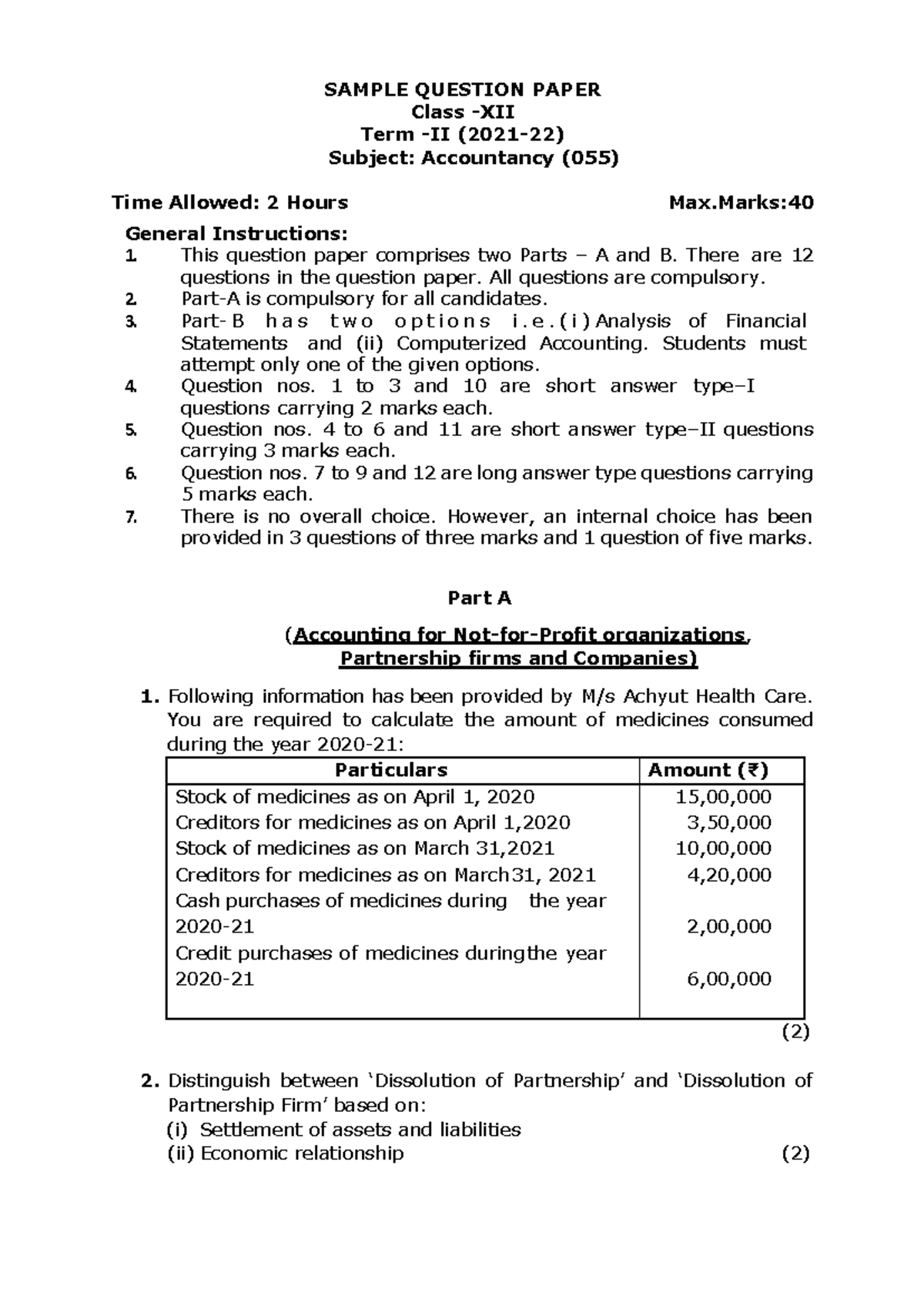 Accountancy-Solved class 12 - SAMPLE QUESTION PAPER Class -XII Term -II ...