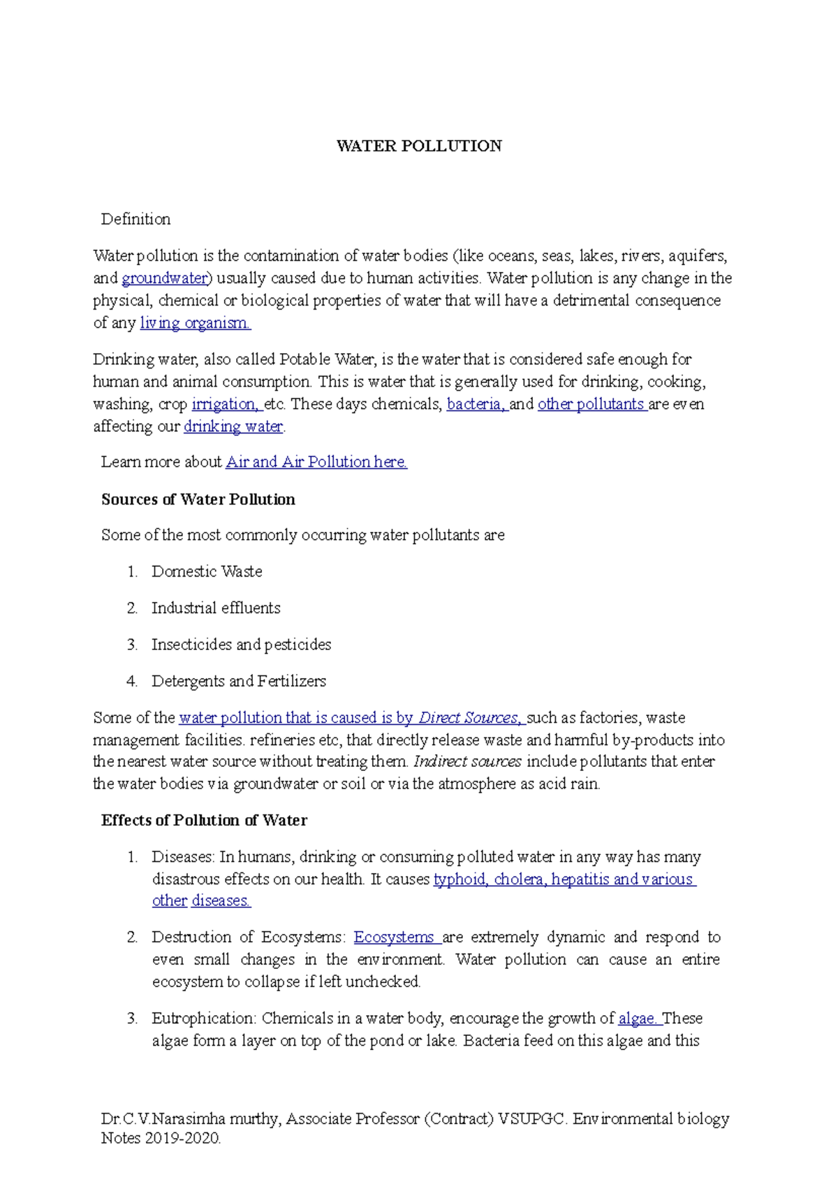 Water pollution - Lecture notes 1-3 - Dr.C.V murthy, Associate ...