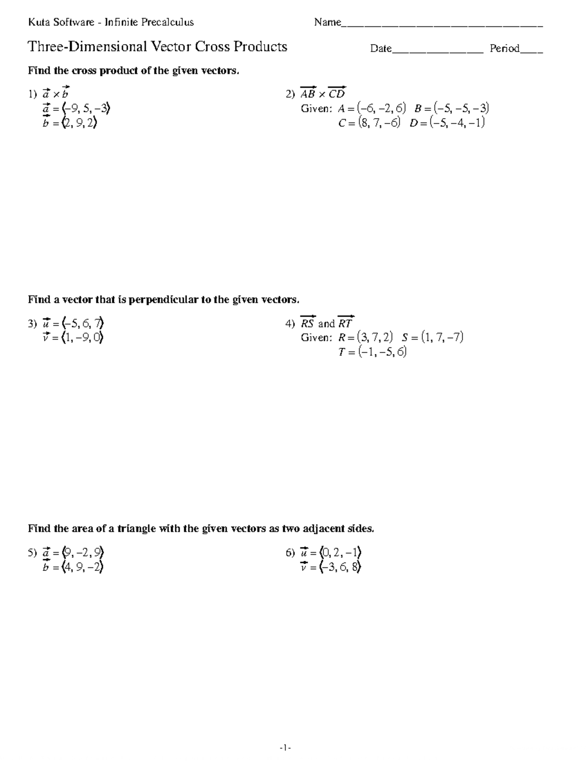 08 - Kuta Software Infinite Precalculus Vector Cross Products Worksheet ...