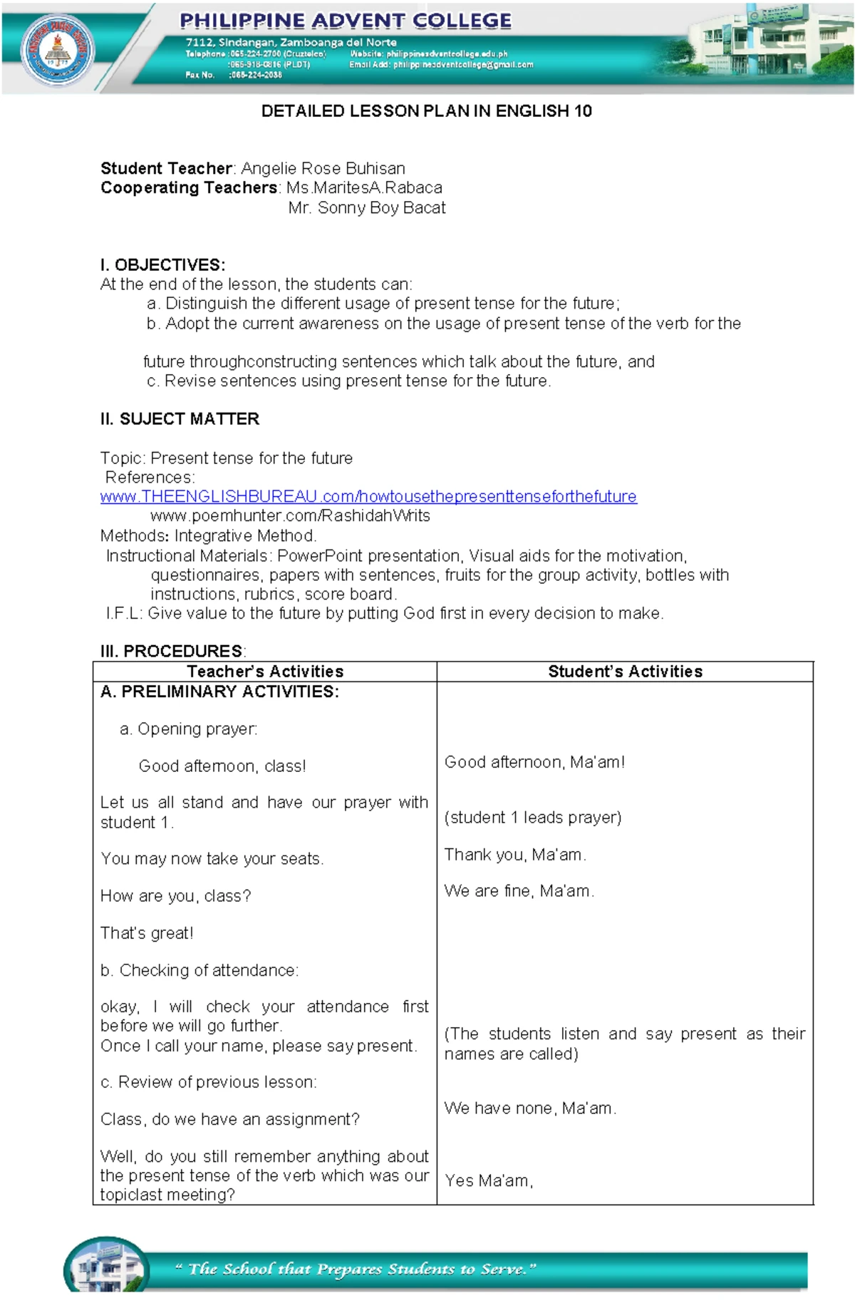 Detailed Lesson Plan: English 10 - Present Tense for the Future - Studocu