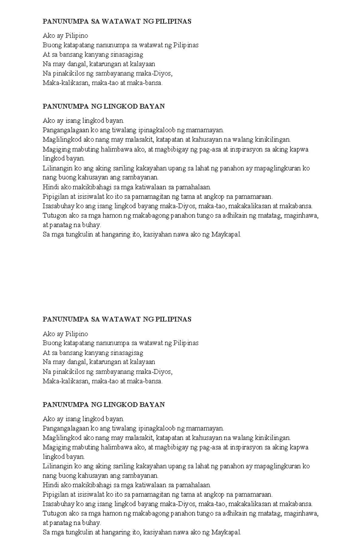 PANUNUMPA SA WATAWAT NG PILIPINAS 2024 - Flag Ceremony - Studocu