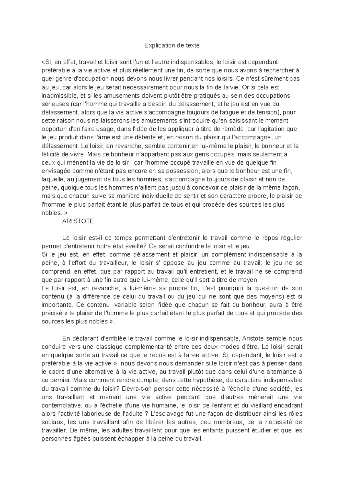 Explication de texte texte d'Aristote - Explication de texte «Si, en ...