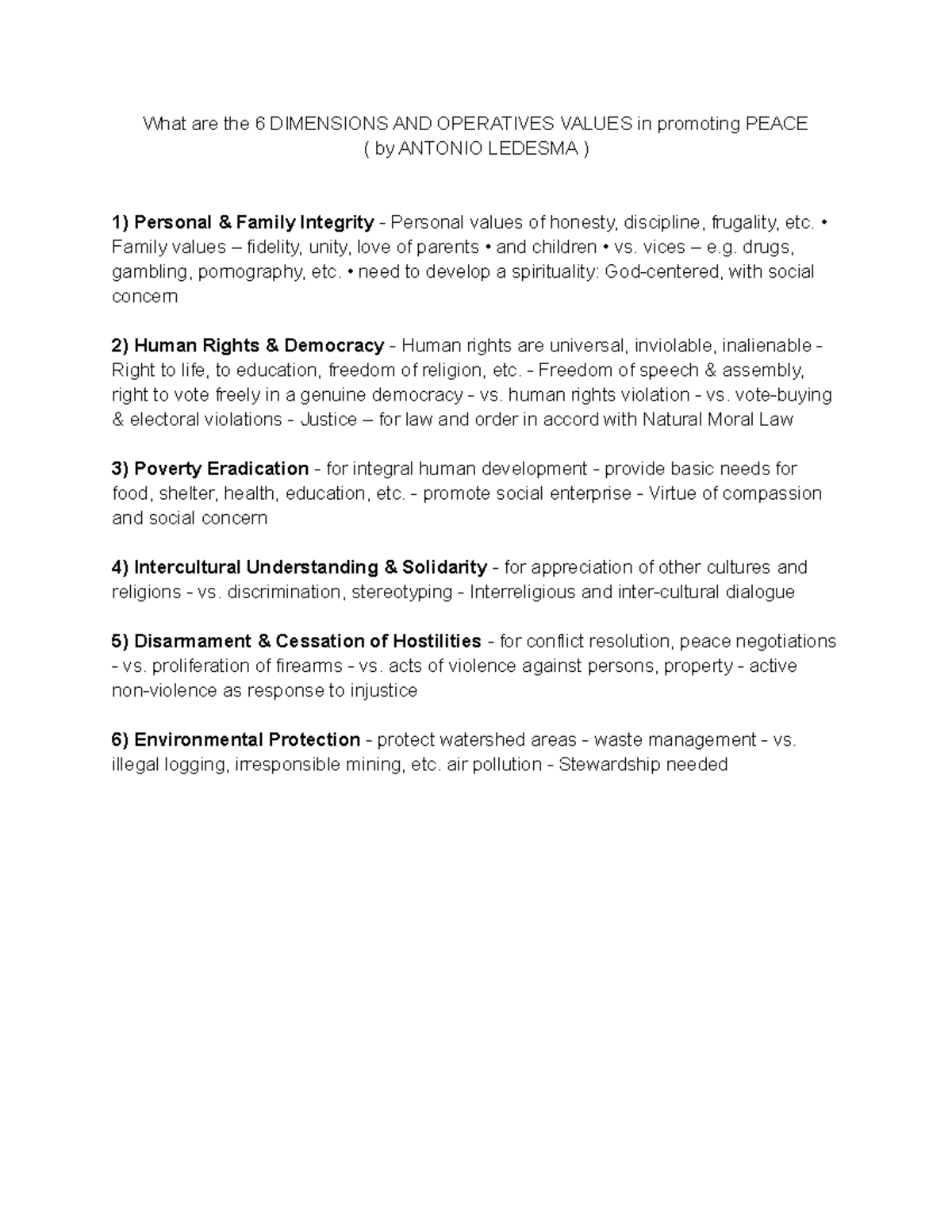 What are the 6 Dimensions AND Operatives Values in promoting Peace ...