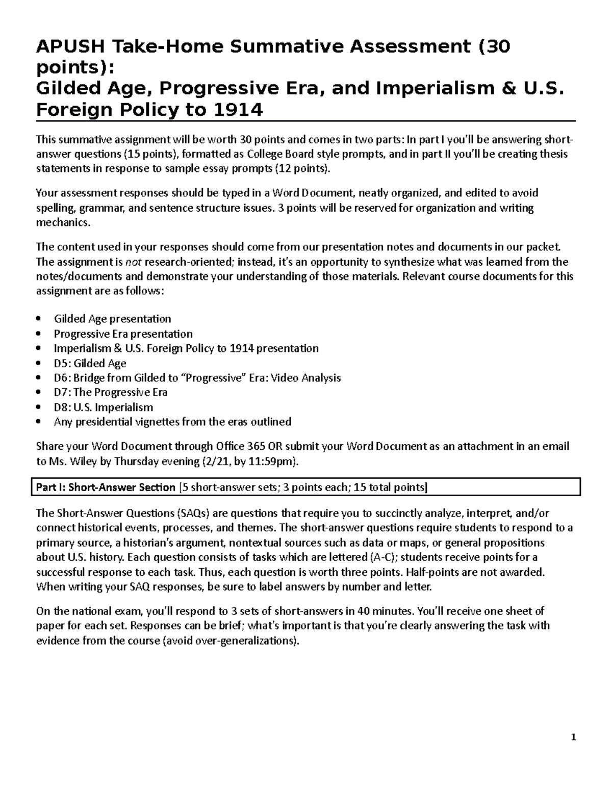APUSH Take-Home Assessment: Gilded Age, Progressive and Imperialism ...