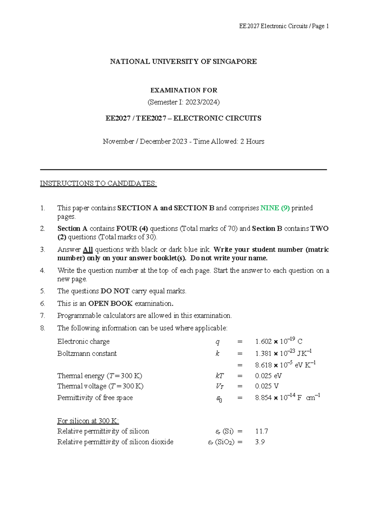 EE2027 Final Exam - Electronic Circuits, Semester I 2023/24 - Studocu