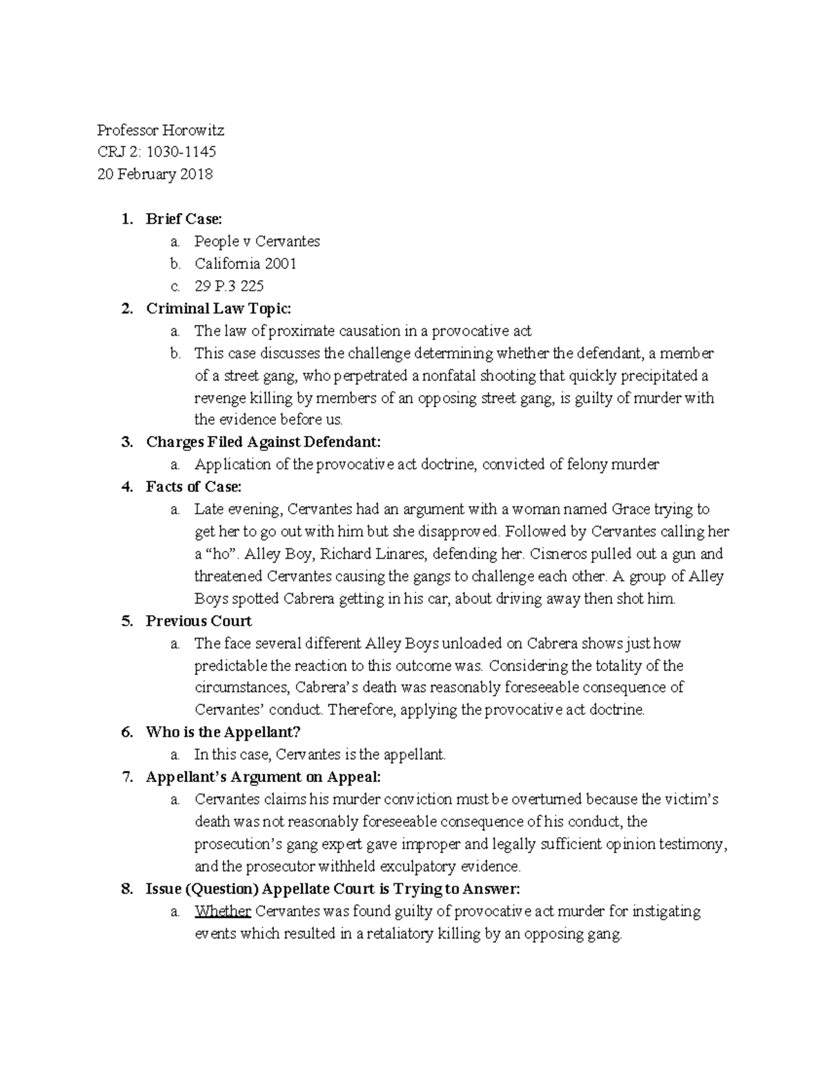 CRJ 2: People v. Cervantes Case Study on Provocative Act Murder - Studocu