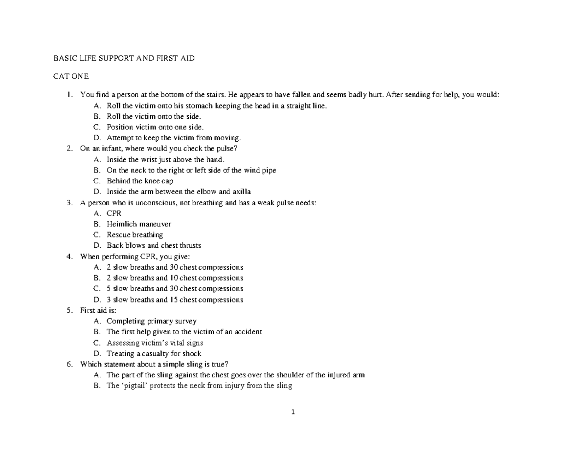 Basic Life Support & First Aid Revision Questions - NCK - Studocu