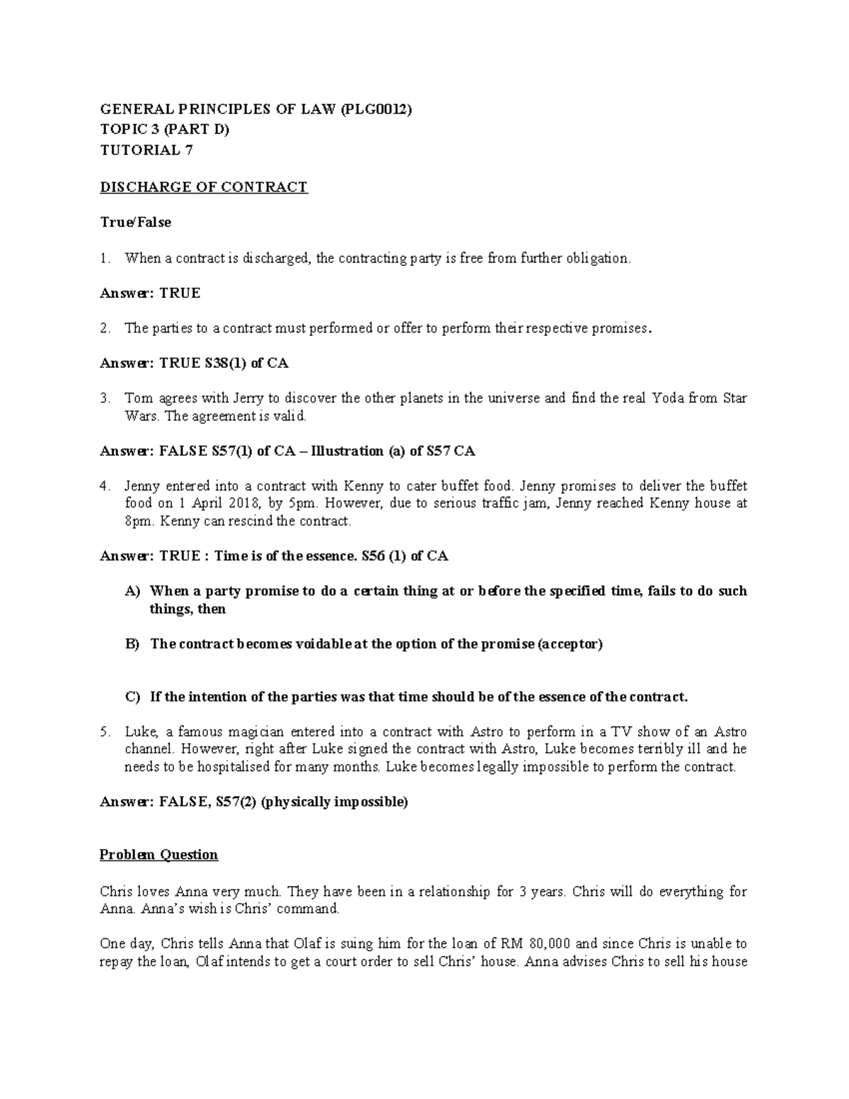 TUT 7 - PLG0012 - Tutorial on Discharge of Contract (Topic 3 Part D ...