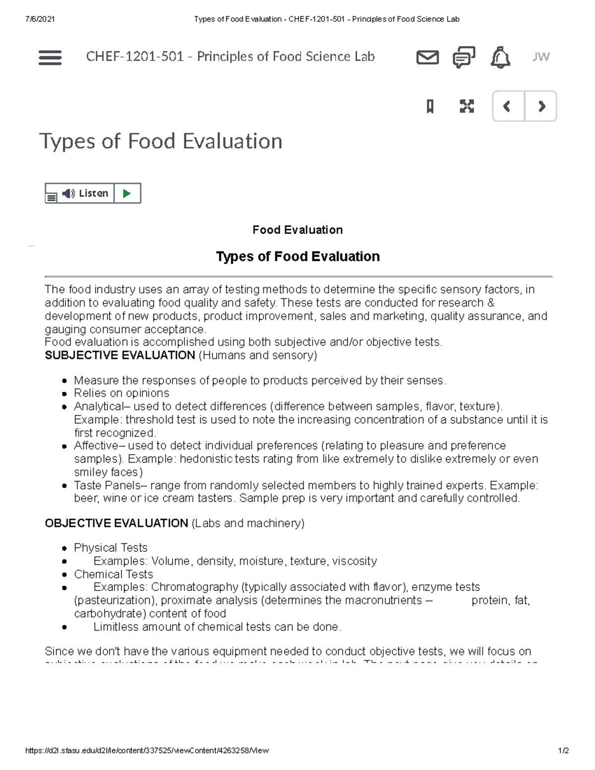 Types of Food Evaluation - CHEF-1201-501 - Principles of Food Science ...