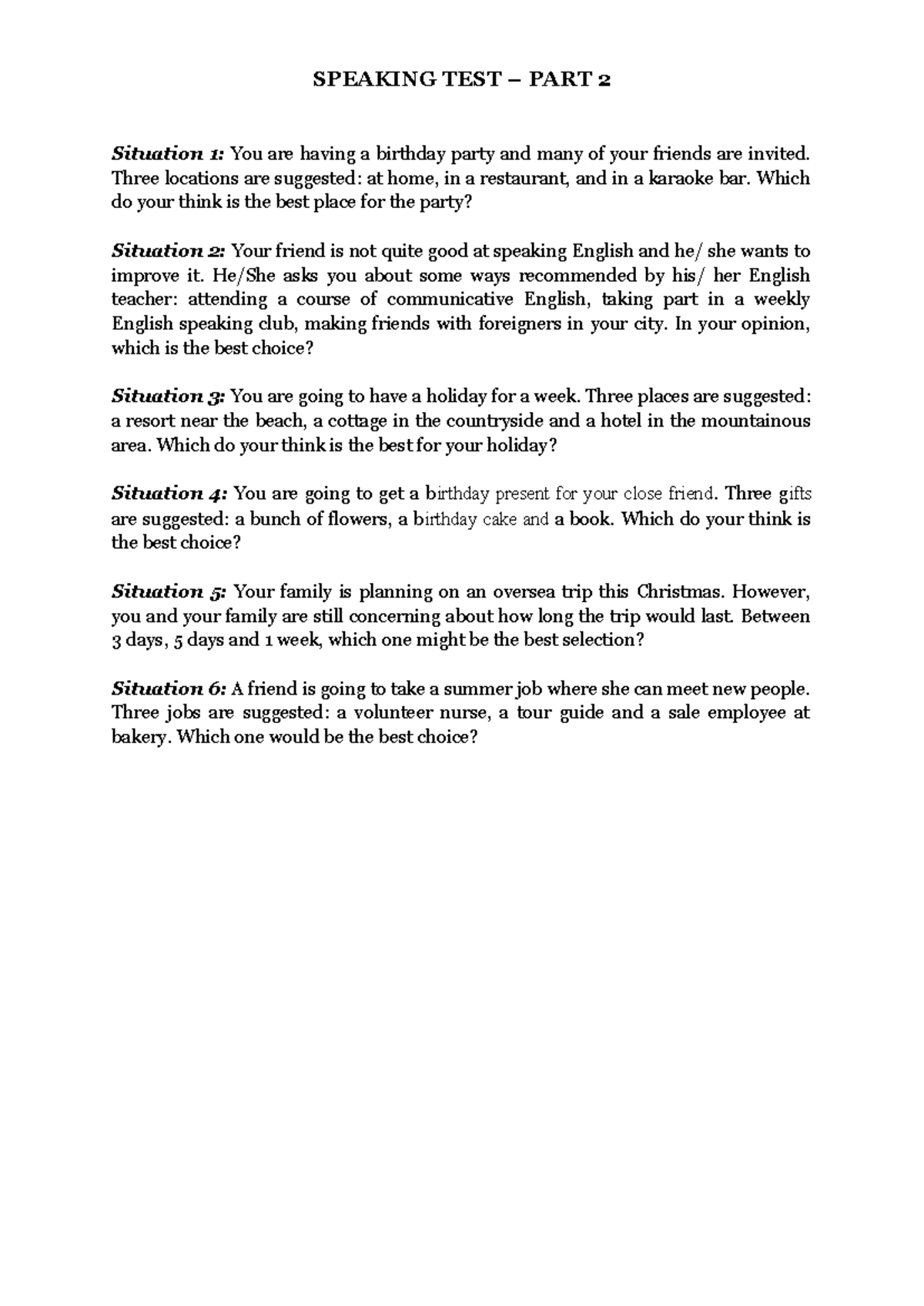 B1 Speaking Test - Part 2: Options & Recommendations - Studocu