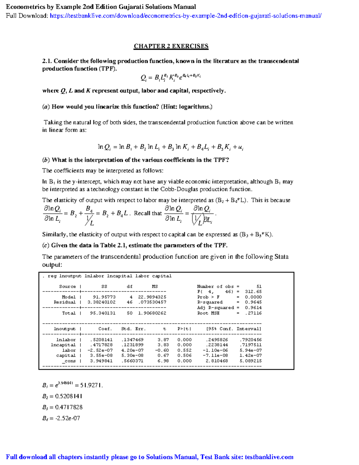 Econometrics by example 2nd edition gujarati solutions manual - CHAPTER 2 EXERCISES 2. Consider ...