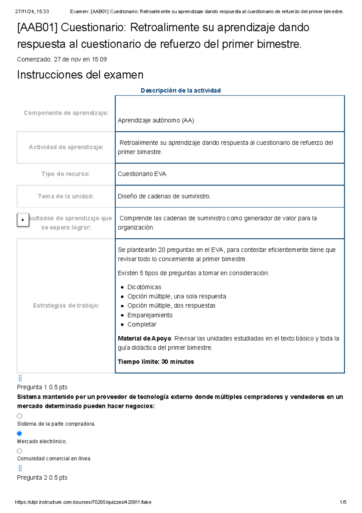 Cuestionario de Refuerzo [AAB01] Aprendizaje Primer Bimestre - Studocu