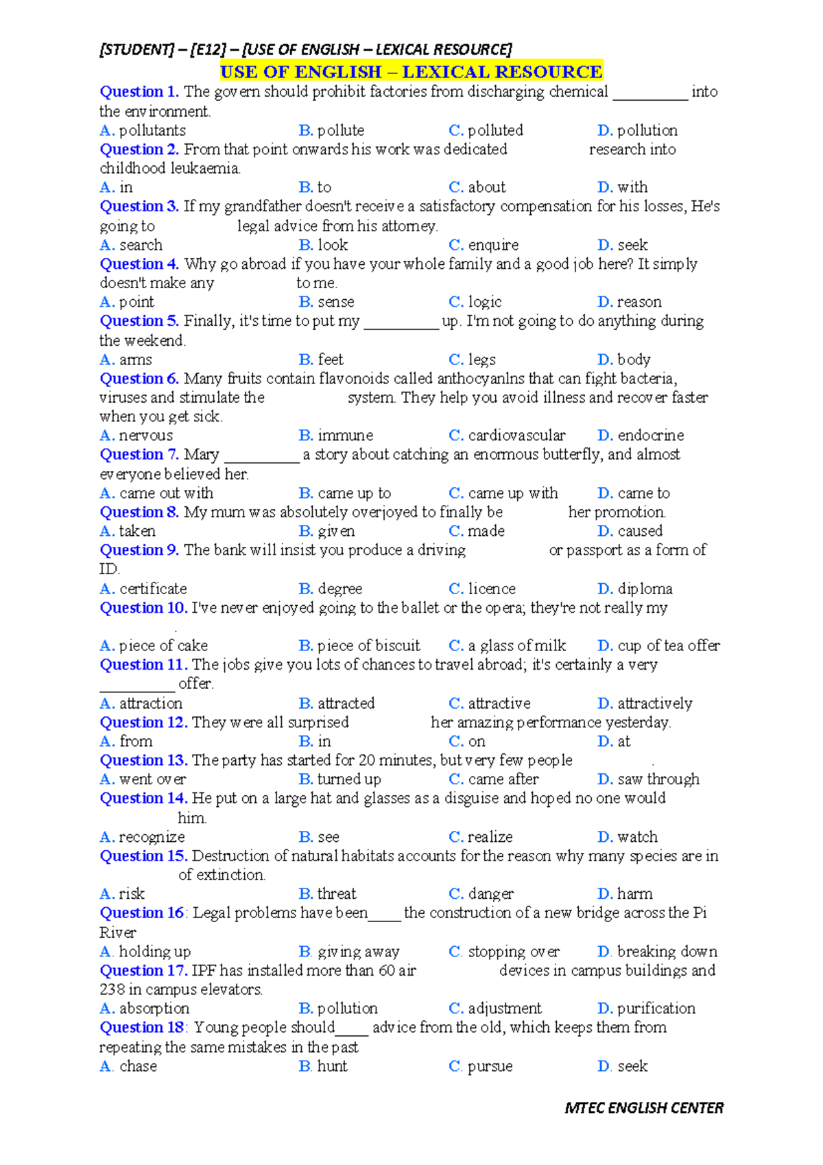 E12 Use of English - Lexical Resource Study Guide and Exercises - Studocu