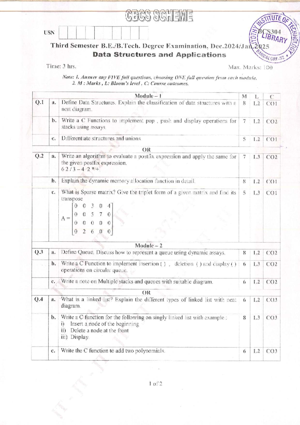 BCS304 - Third Semester Data Structures Exam Questions, Dec 2024 - Studocu