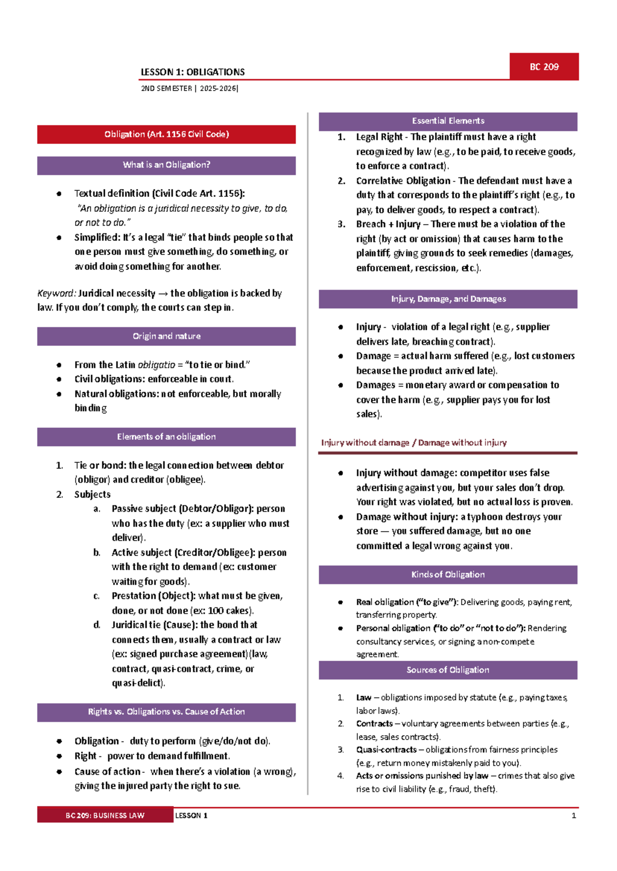 BC 209 LEC 1: Essential Elements of Obligations in Business Law - Studocu