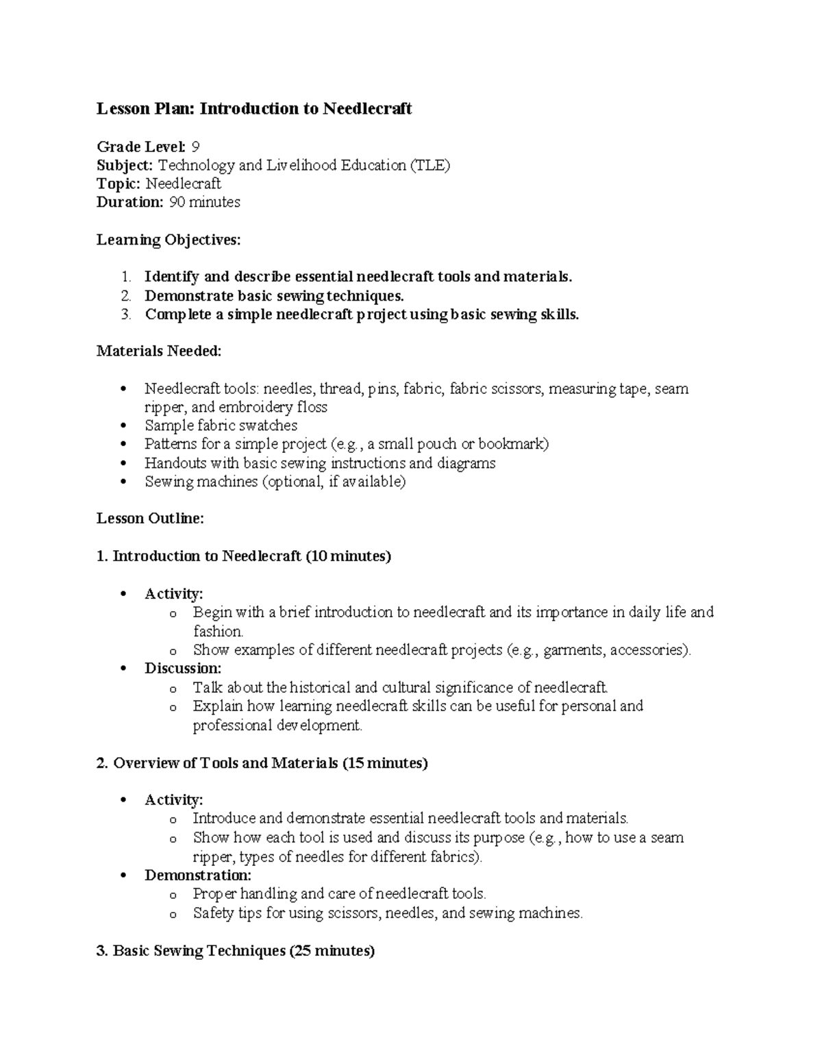 Lesson Plan TLE 9: Introduction to Needlecraft Techniques - Studocu