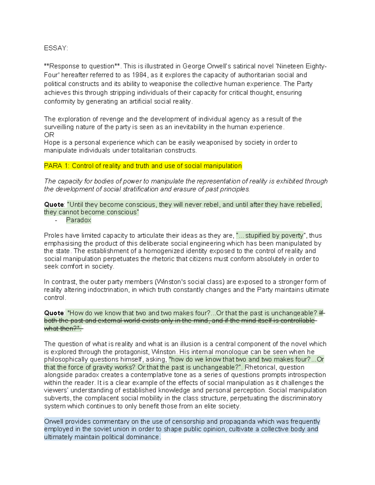 Orwell Essay PLAN: Examining Hope and Totalitarian Constructs - Studocu